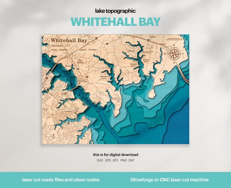Whitehall Bay Topographic Map SVG: 3D Lake House Decor (digital ...