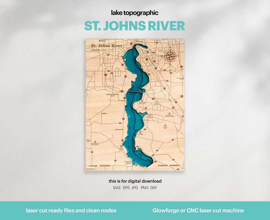 Lake House Decor, St. John’s River Map SVG, Wood Wall Decor Gift, Topographic, 3D Custom Maps ...