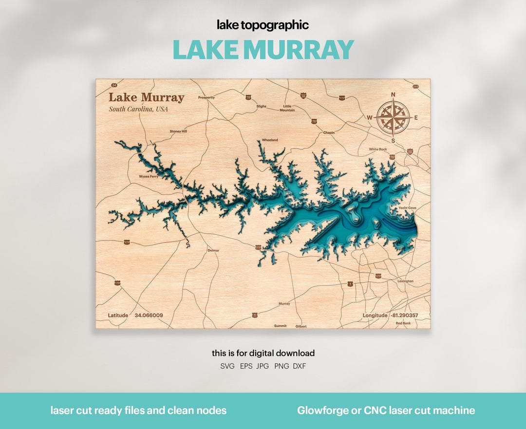 Lake Murray South Carolina Map: 3D Topographic Wood Art (digital ...
