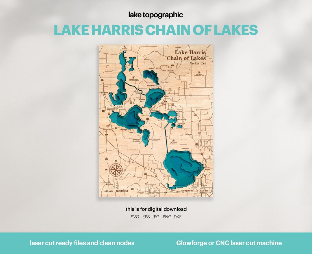 Lake Harris Chain of Lakes Map: 3D Topographic Wood Art (digital ...