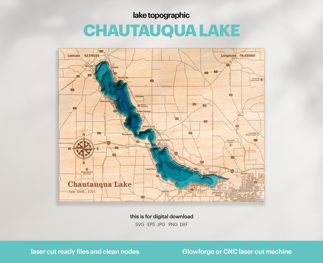 Lake House Decor, Chautauqua Lake Map SVG, Wood Wall Decor Gift ...