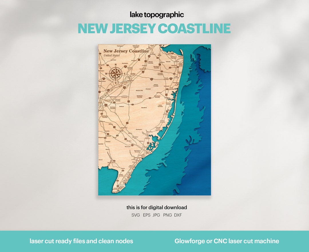 New Jersey Coastline Map SVG: Topographic Laser Cut File (digital ...