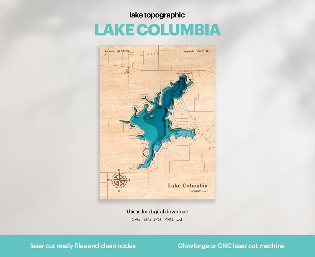 Lake Columbia Topographic Map SVG: 3D Wood Wall Art (digital Download ...