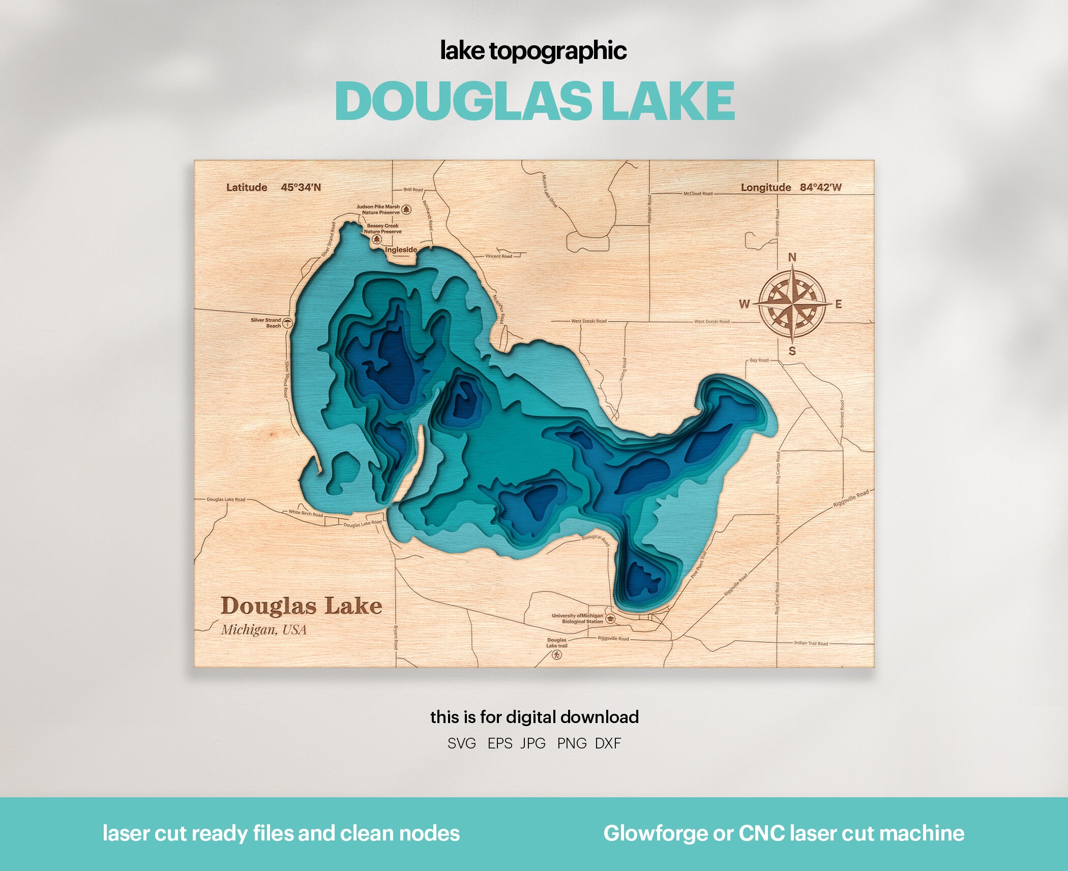 Douglas Lake Topographic Map SVG: 3D Wood Wall Art (digital Download ...