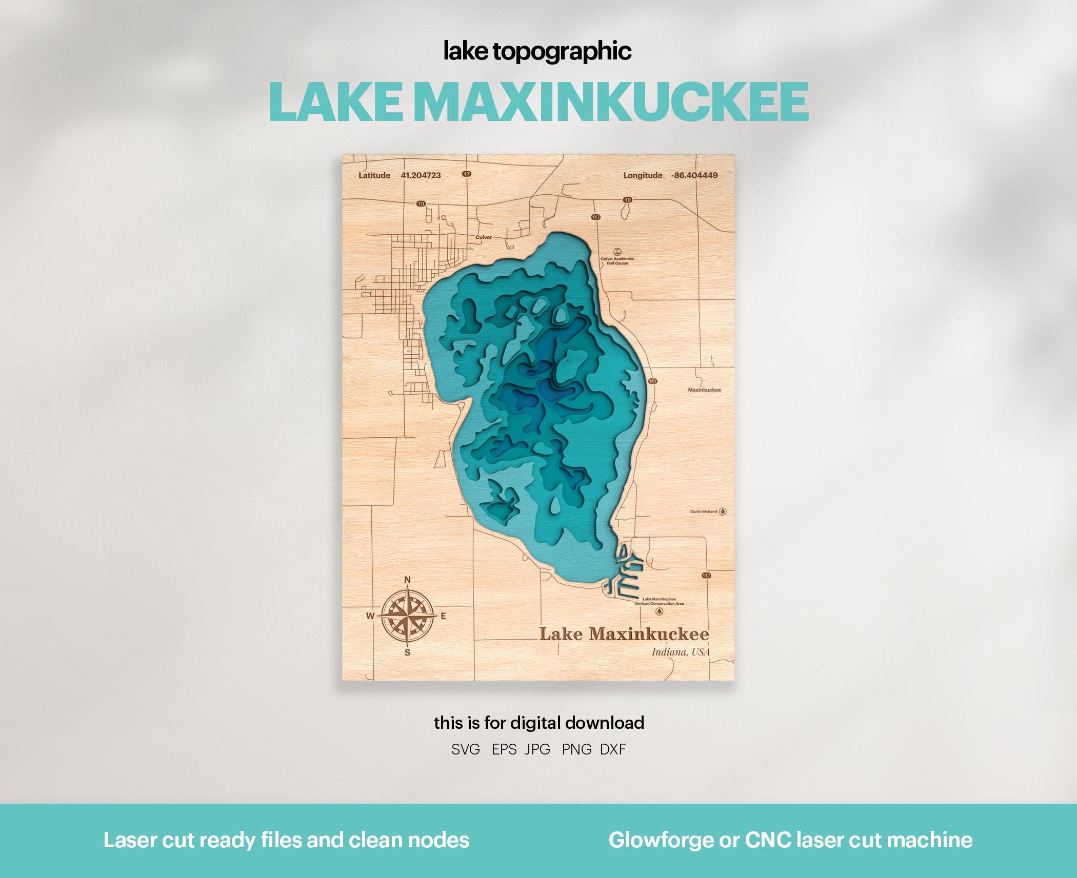 Maxinkuckee Lake Map SVG: 3D Topographic Laser Cut File (digital ...