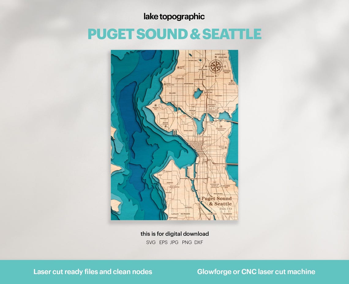 Puget Sound & Seattle Topographic Map: Laser Cut Wood Decor (digital ...