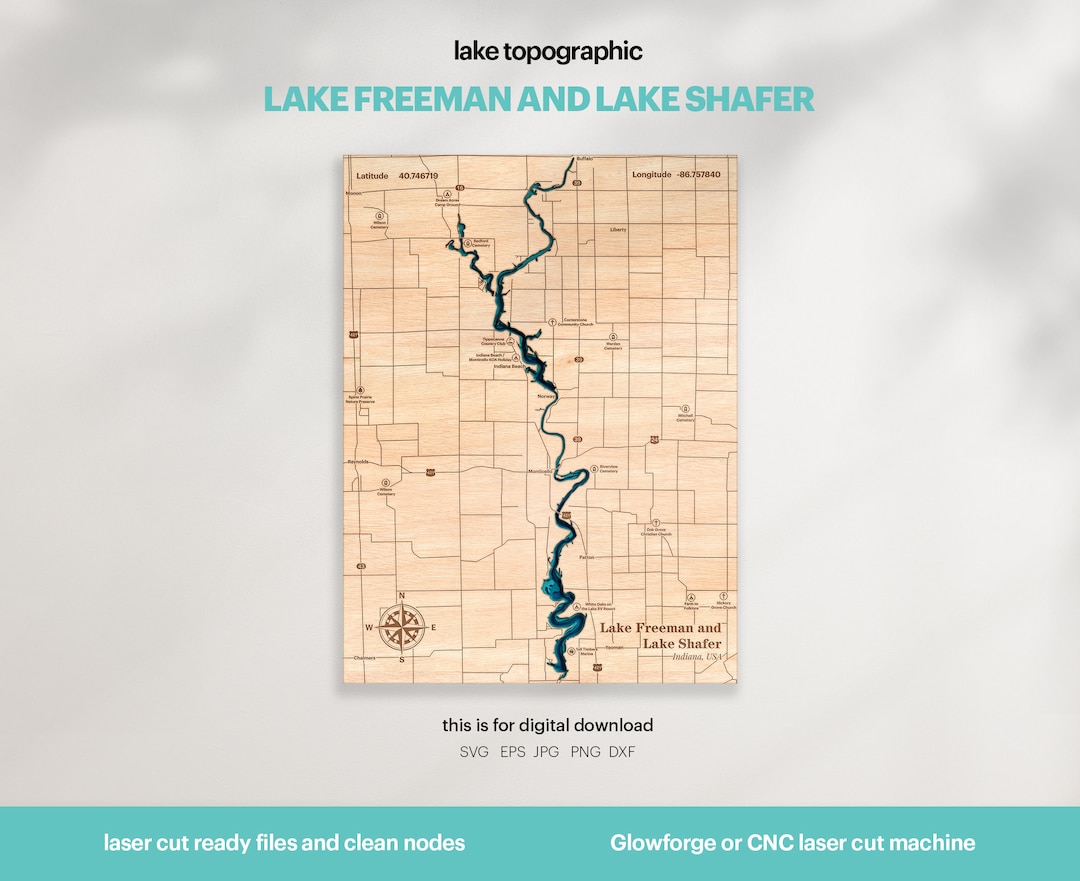 Lake House Decor, Lake Freeman and Shafer Map SVG, Map Art, Wood Wall ...