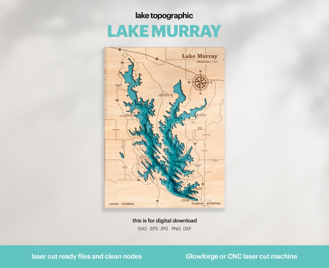 Lake Murray Oklahoma Map SVG: 3D Topographic Laser Cut File (digital ...