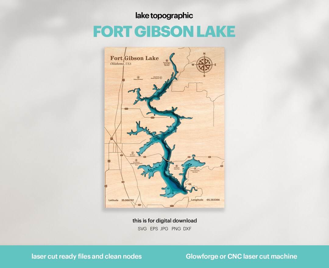 Lake House Decor, Fort Gibson Lake Map SVG, Wood Wall Decor Gift ...