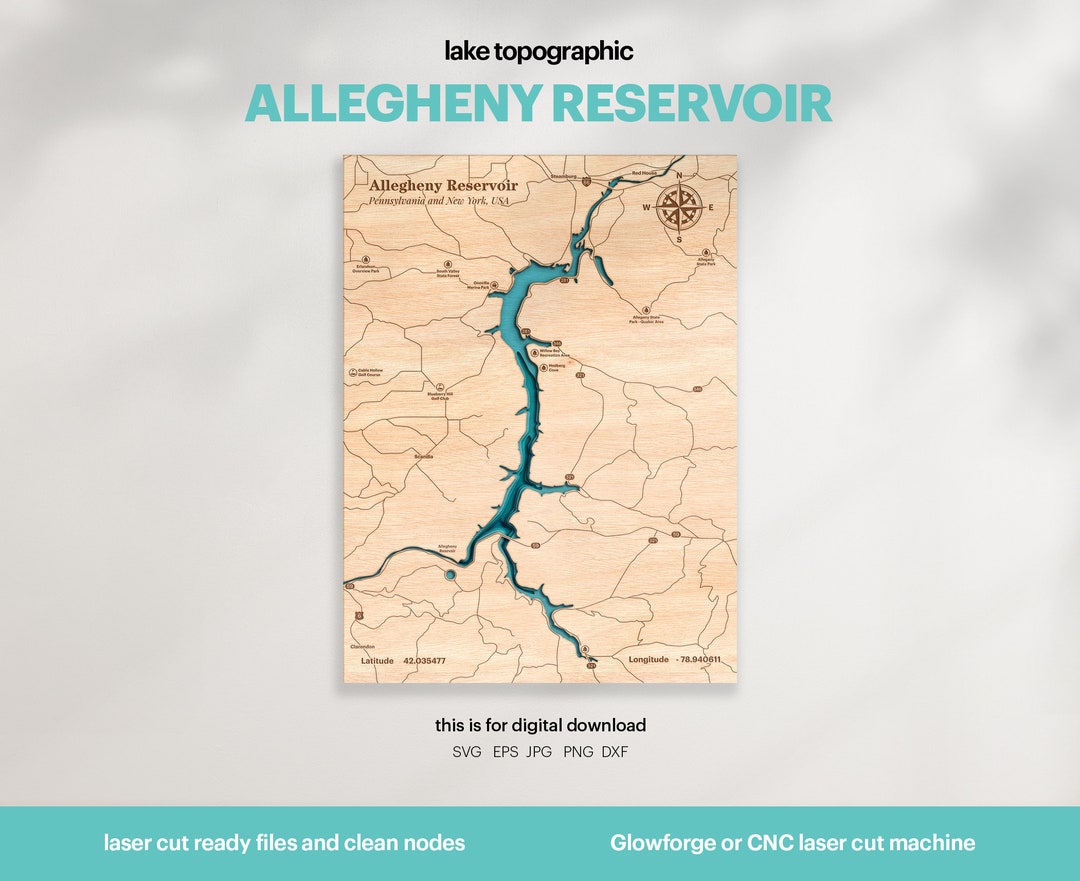 Allegheny Reservoir Map: 3D Topographic Laser Cut File (digital ...