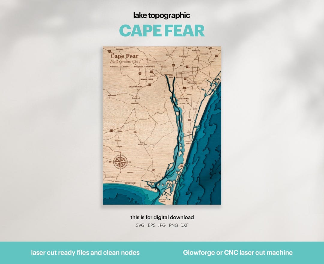 Lake House Decor, Cape Fear Map SVG, Wood Wall Decor Gift, Topographic ...