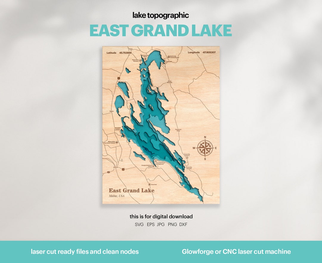 East Grand Lake, Maine Topographic Map: Laser Cut Wood Decor (digital ...