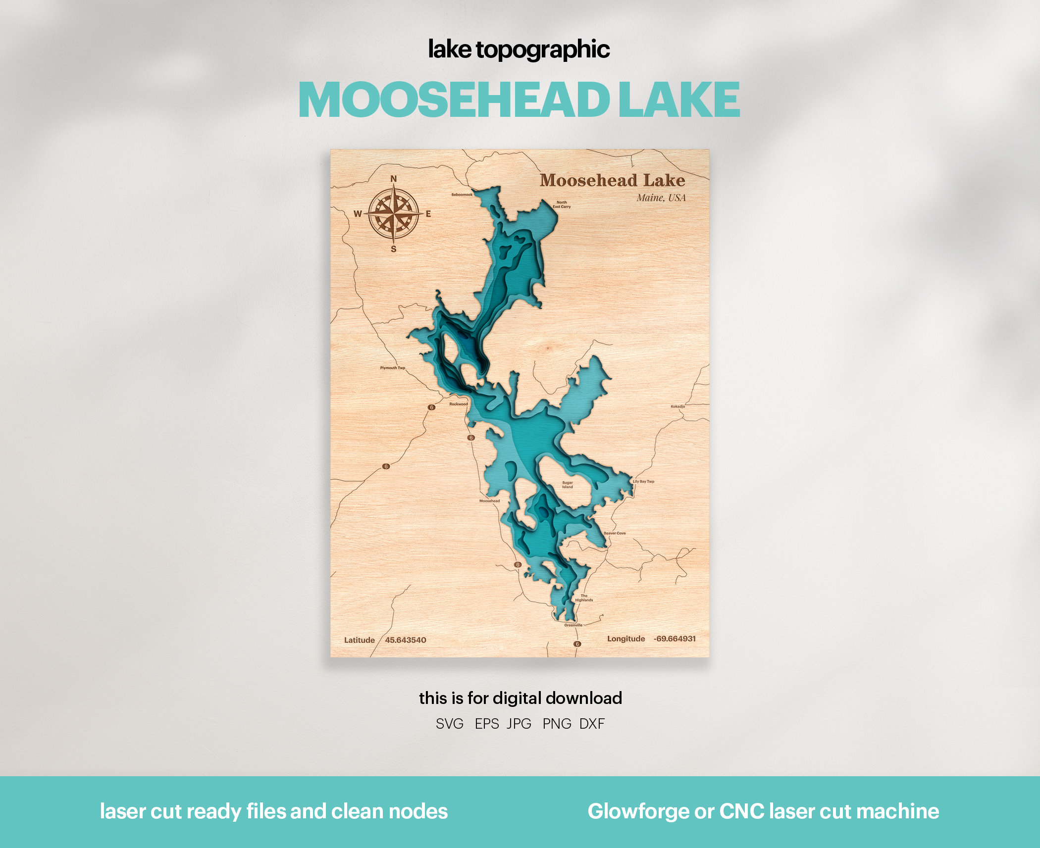 Moosehead Lake Map SVG: 3D Topographic Laser Cut File (digital Download ...