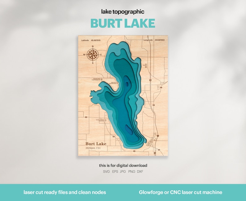 Burt Lake Topographic Map SVG: 3D Wood Wall Art (digital Download) - Etsy