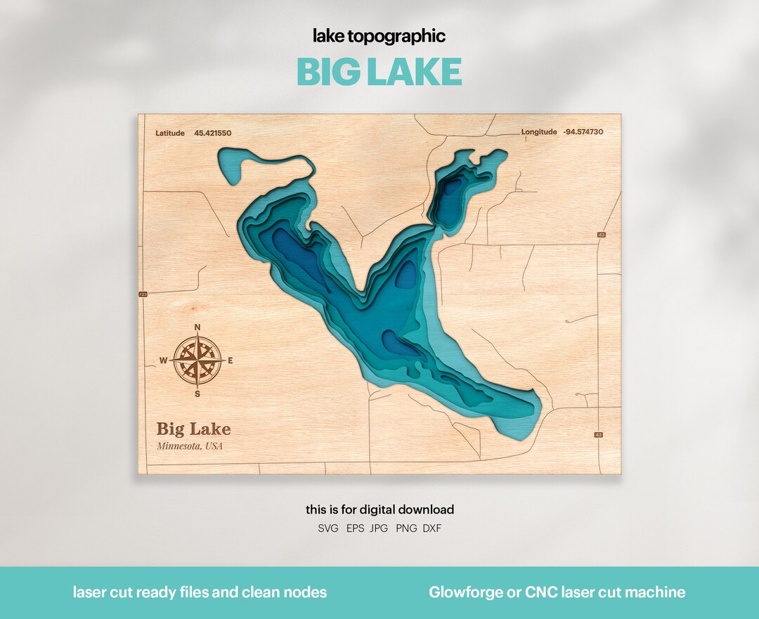 Big Lake Minnesota Map SVG: 3D Topographic Lake House Decor (digital ...