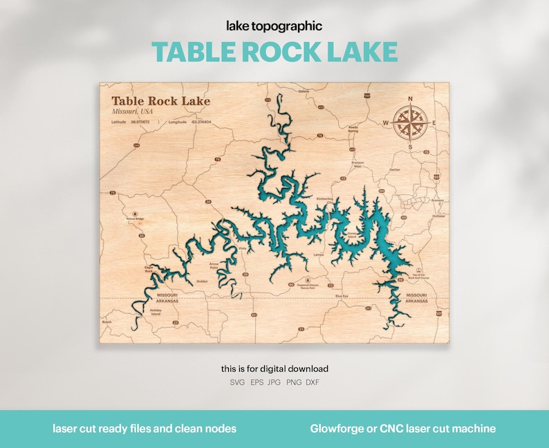 Table Rock Lake Map SVG : 3D Topographic Lake House Decor (digital ...