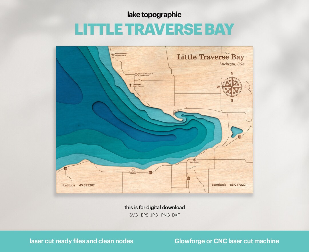 Little Traverse Bay Map SVG: 3D Topographic Laser Cut File (digital ...