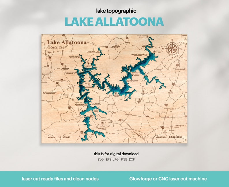 Lake Allatoona Map SVG: 3D Topographic Laser Cut File (digital Download ...