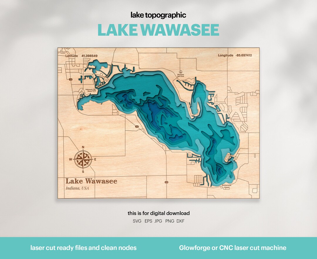 Lake House Decor, Wawasee Lake Map SVG, Wood Wall Decor Gift ...