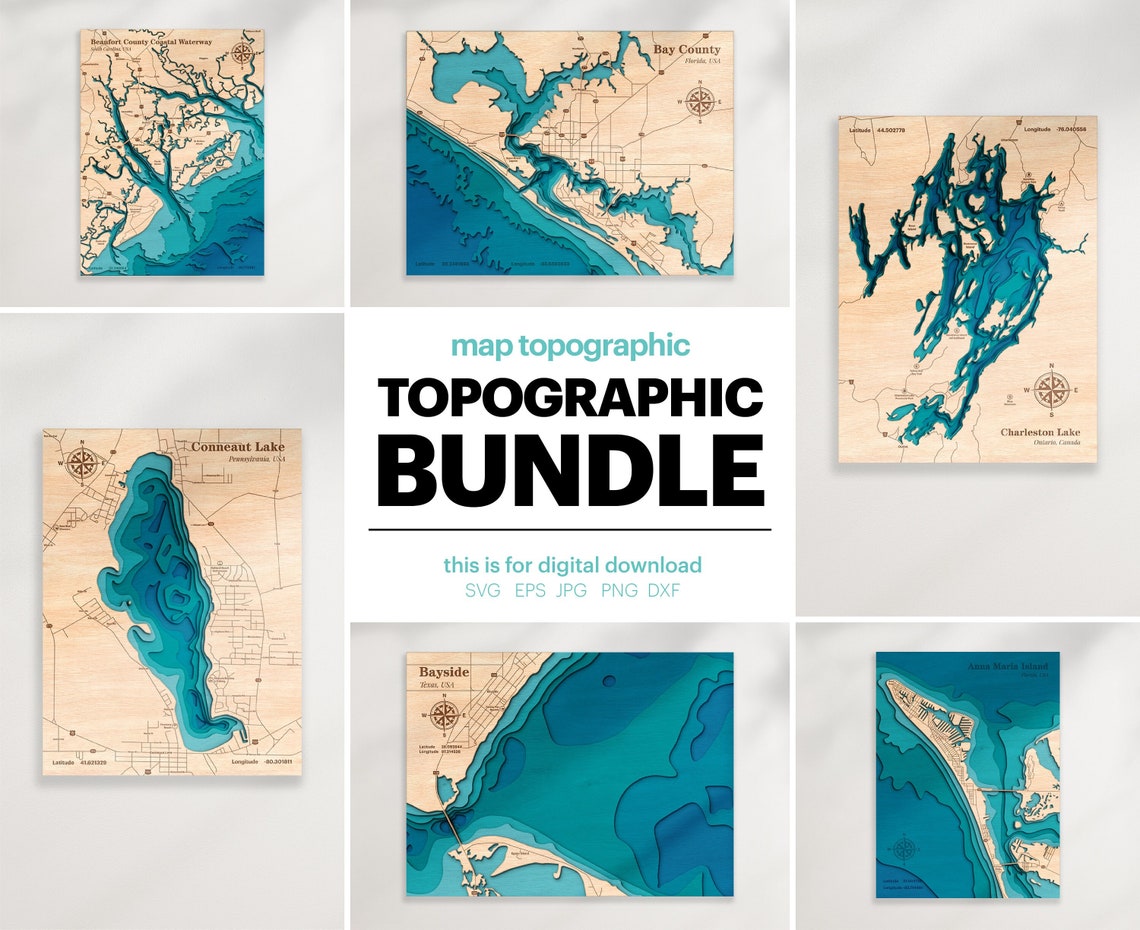 800+ Topographic 3D Map Bundle: Lake House Decor, Wood Cut File ...