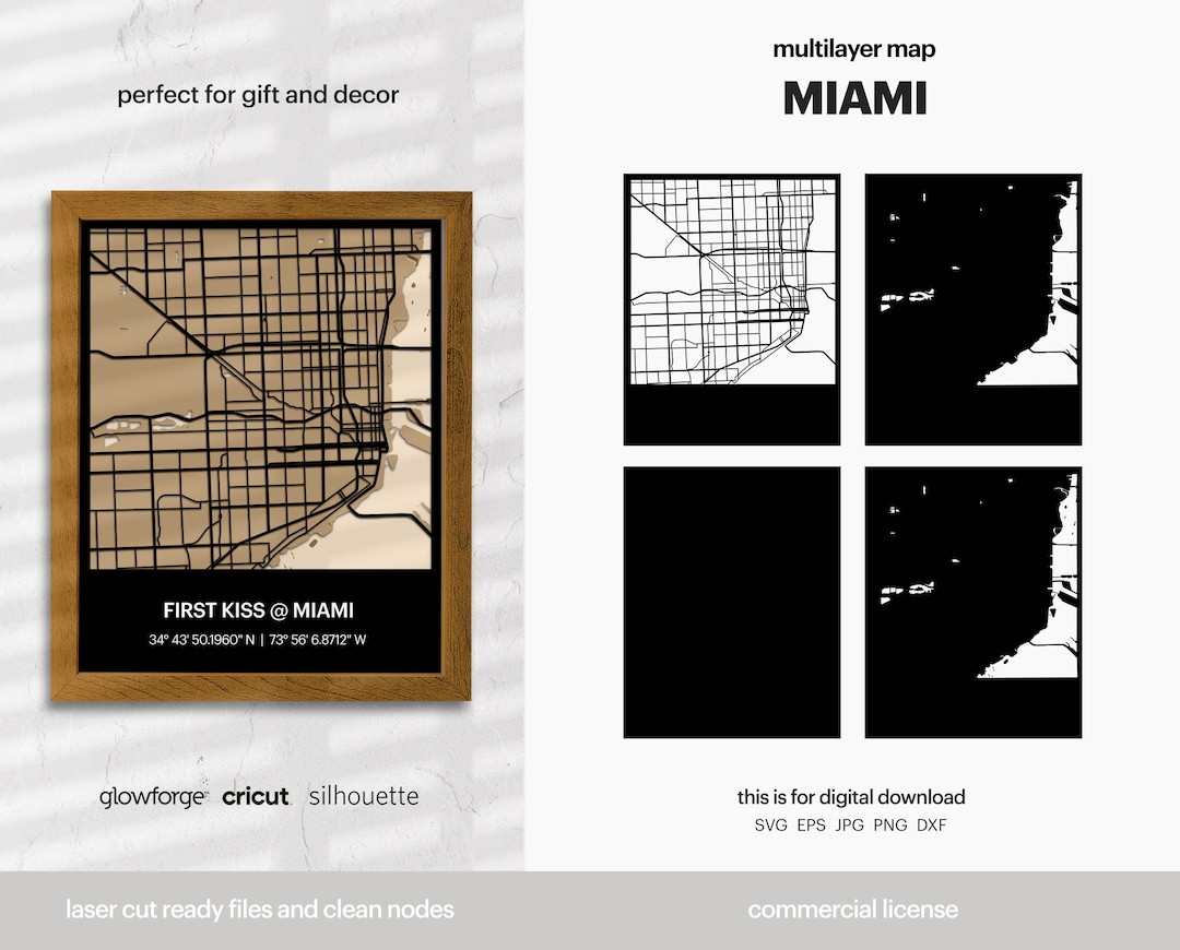 Miami Layered City Map, City Map Wall Art, Multi Layered Street Map ...