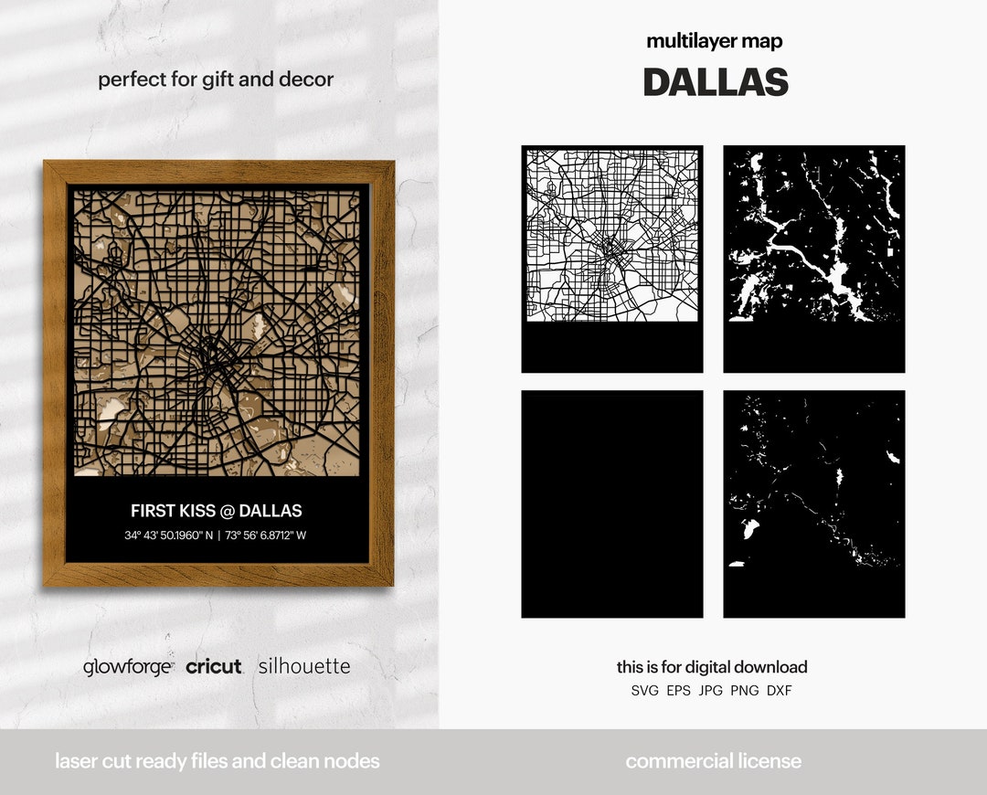Dallas Layered City Map, City Map Wall Art, Multi Layered Street Map ...