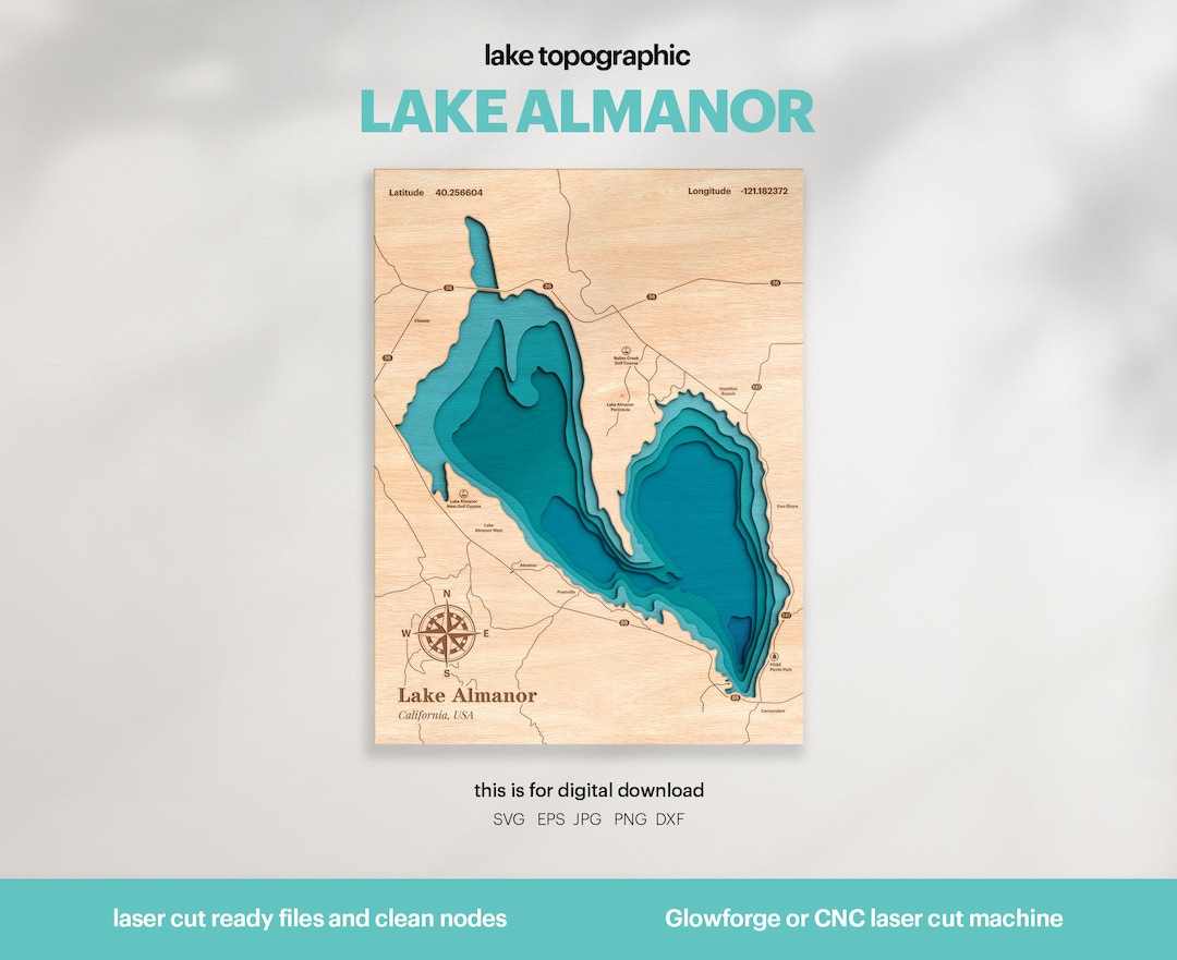 Lake Almanor Map SVG: 3D Topographic Wood Wall Art (digital Download ...