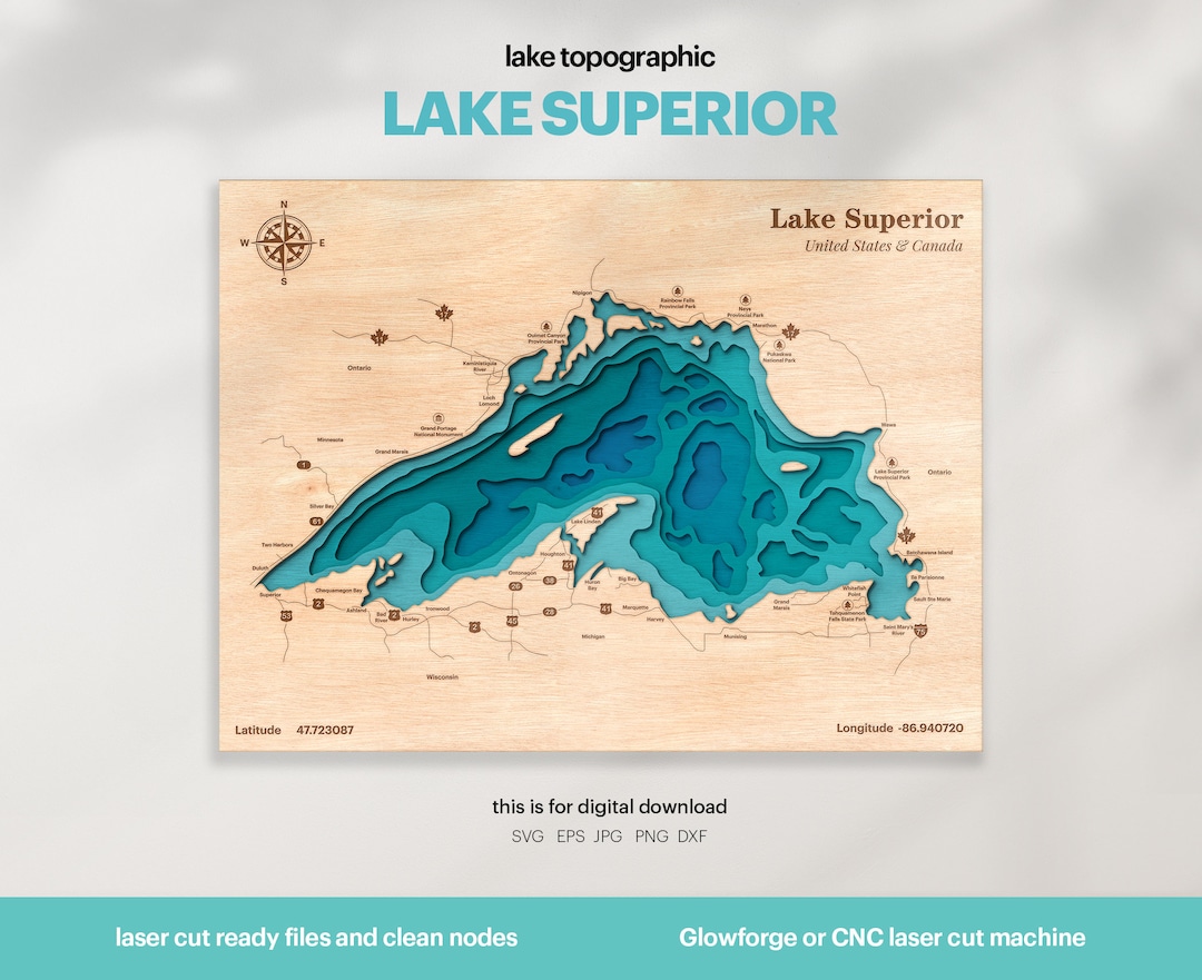 Lake Superior Map SVG: 3D Topographic Laser Cut File (digital Download ...