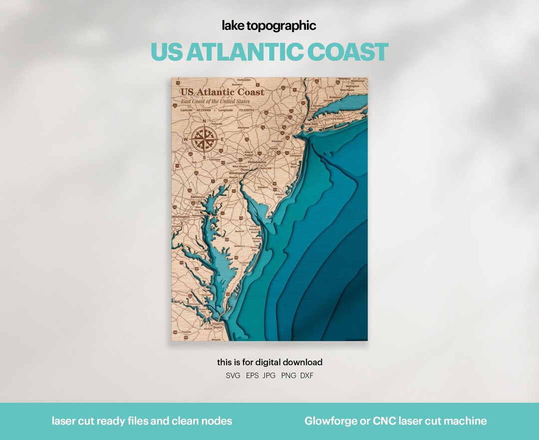Atlantic Coast Topographic Map SVG: 3D Wood Wall Decor (digital ...