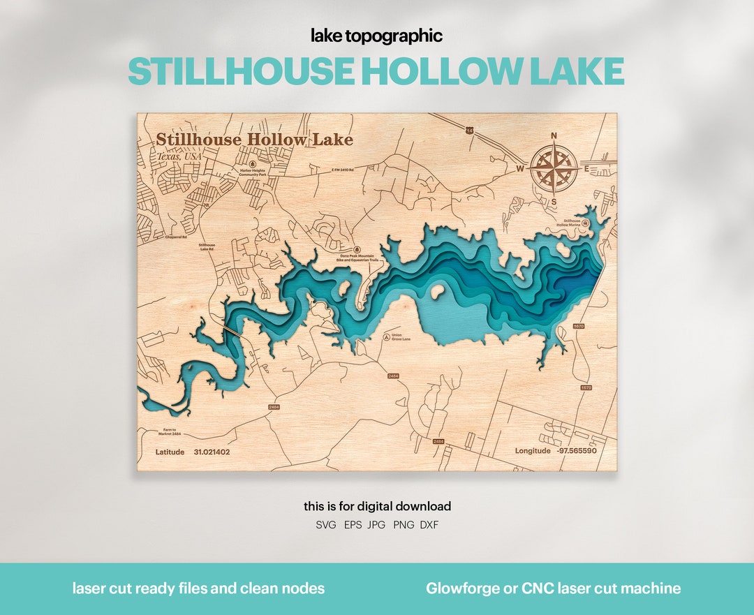 Lake House Decor, Stillhouse Hollow Lake SVG, Wood Wall Decor Gift, Topographic, 3D Custom Maps ...
