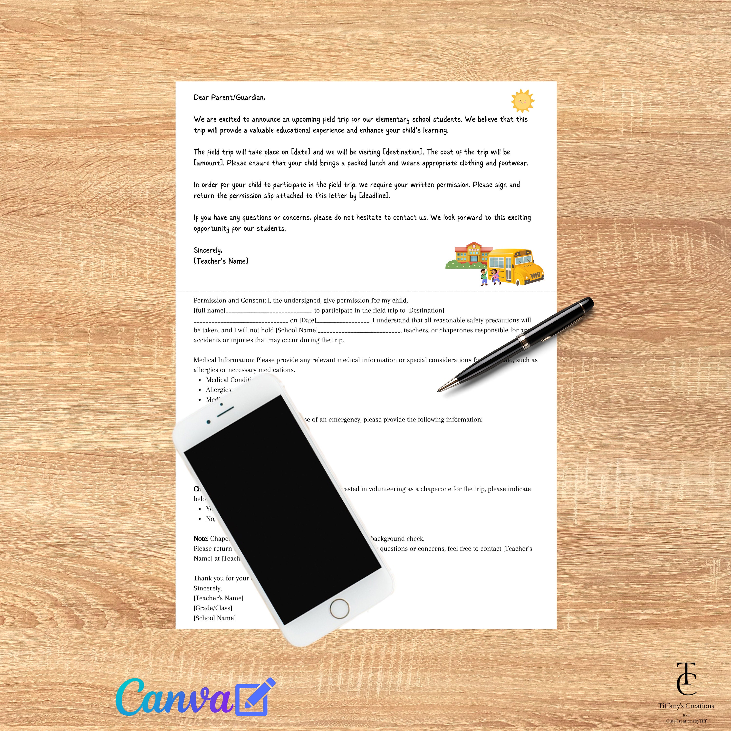 School Field Trip Permission Slip Editable W/ Canva Printable Easy to ...