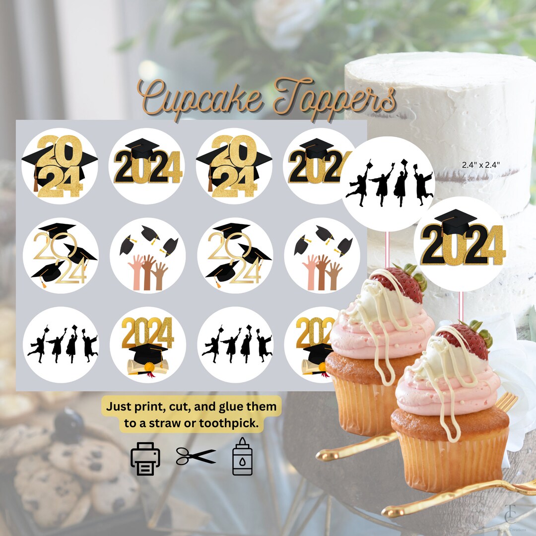 Black & Gold Graduation 2024 Instant Download Digital Cupcake Toppers ...