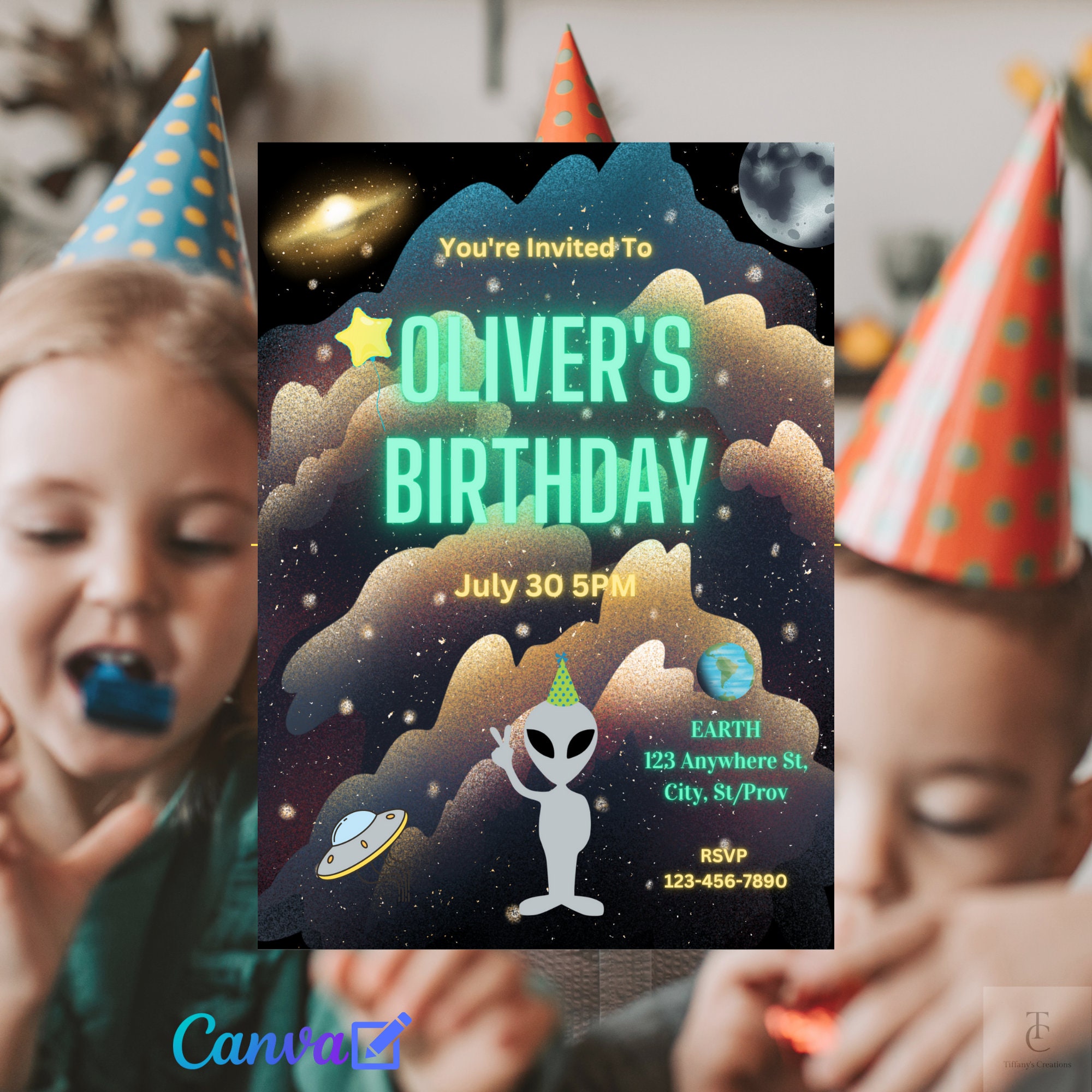 Alien Birthday Invitation: Outer Space Party, Editable Canva Template ...