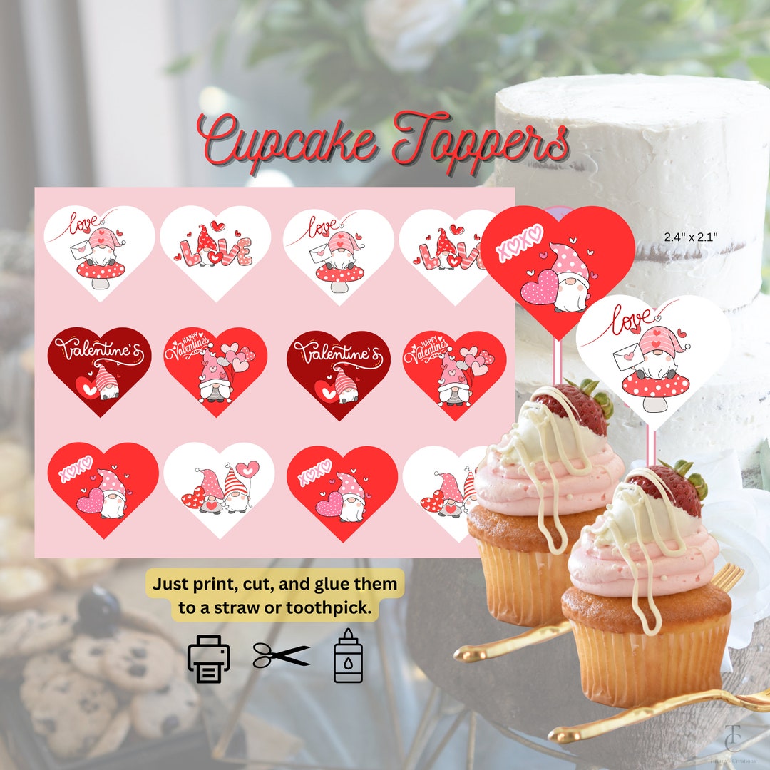 Cute Valentines Gnomes Cupcake Toppers Printable Cupcake Toppers ...