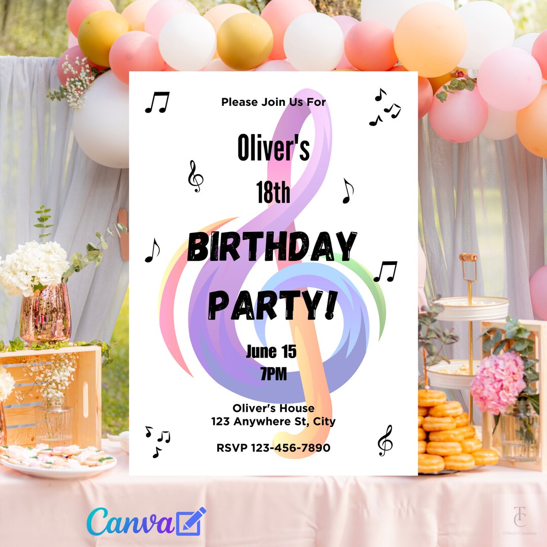 Music Notes Birthday Invitation: Colorful Printable, Editable Canva ...