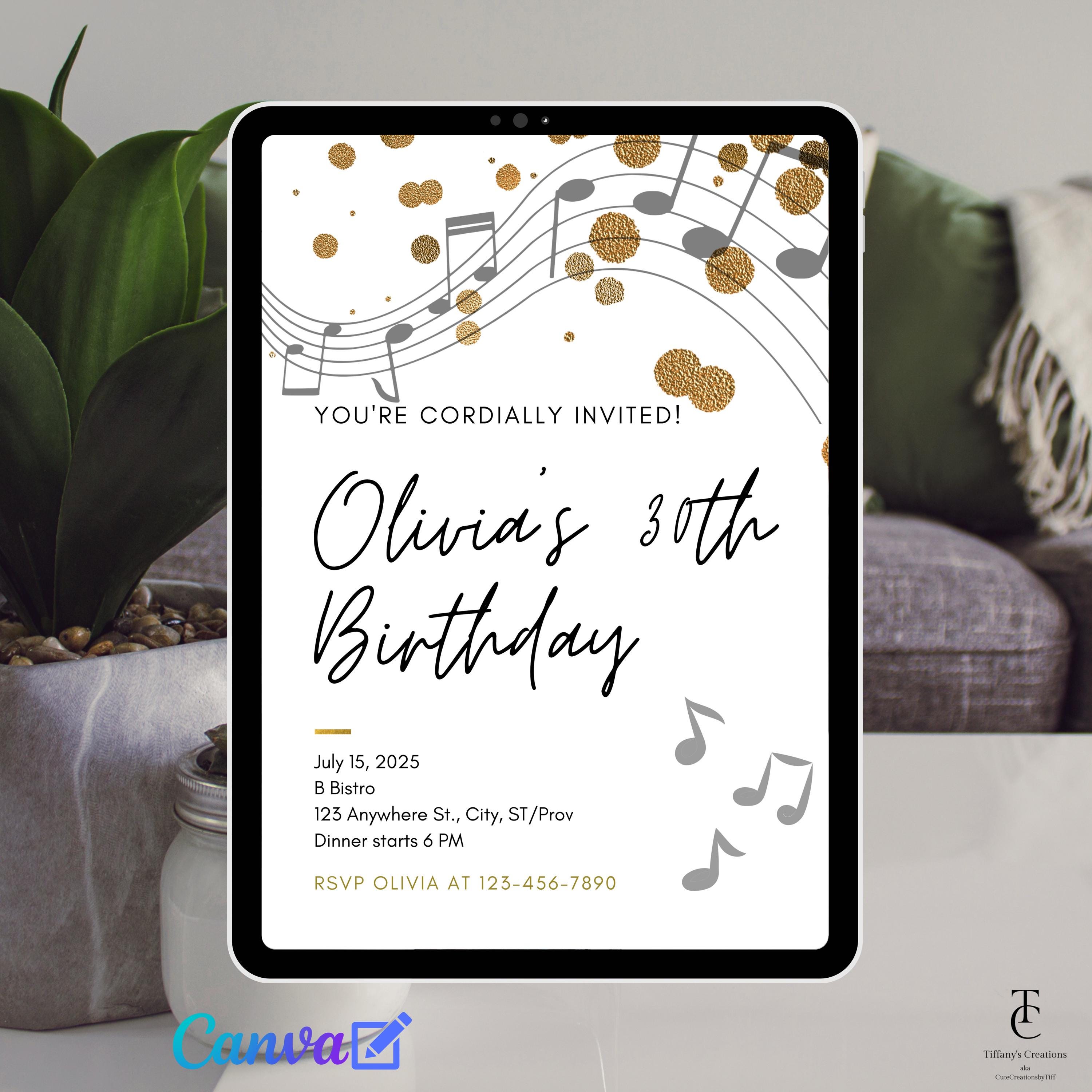 Music Notes Birthday Invitation: Gold & Black, Editable Canva Template ...