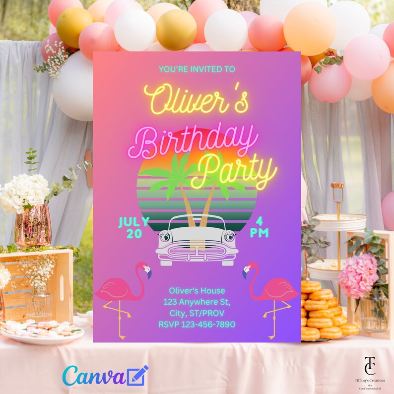 Miami Vice Birthday Party Invitation: Retro Car, Palm Trees (digital ...