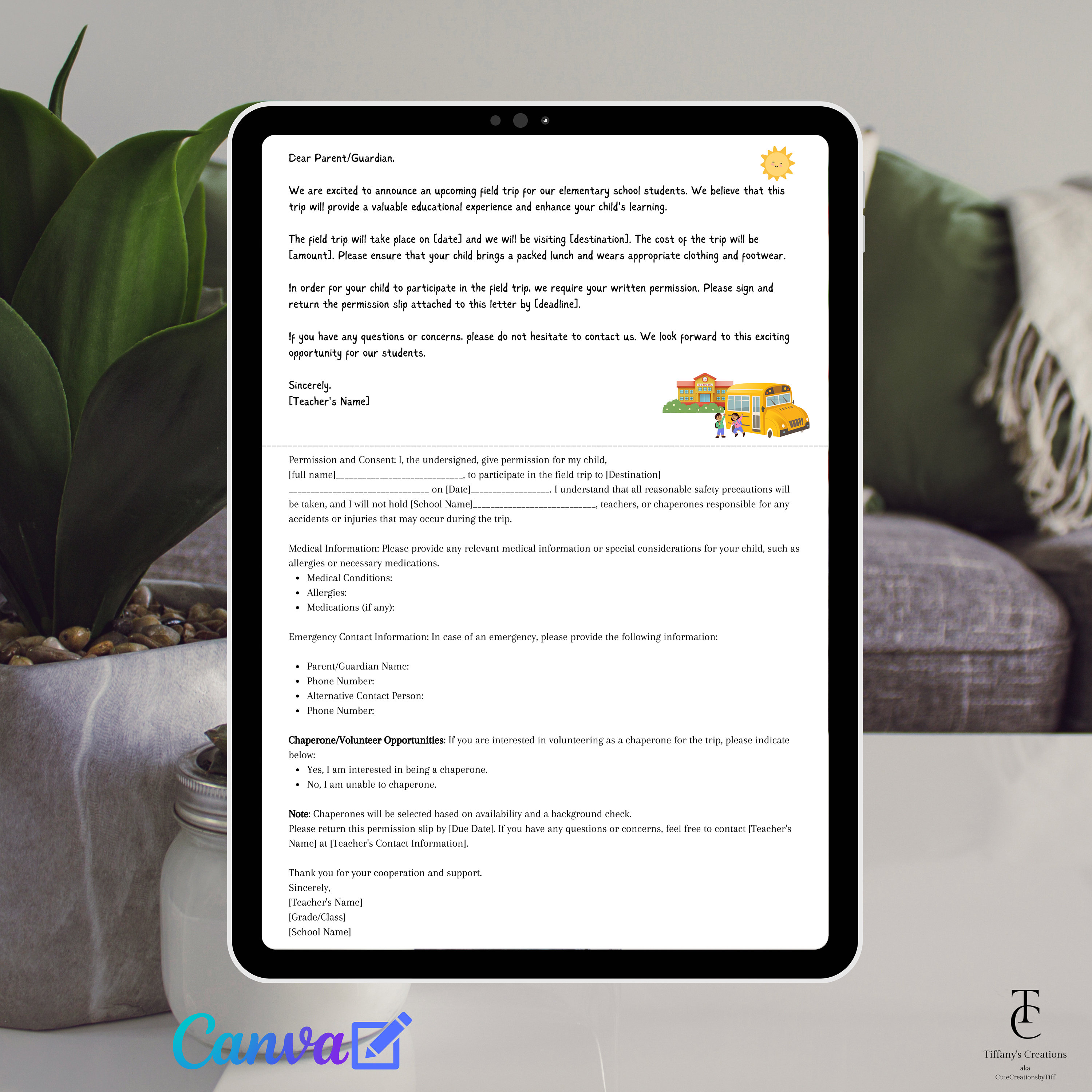 School Field Trip Permission Slip Editable W/ Canva Printable Easy to ...