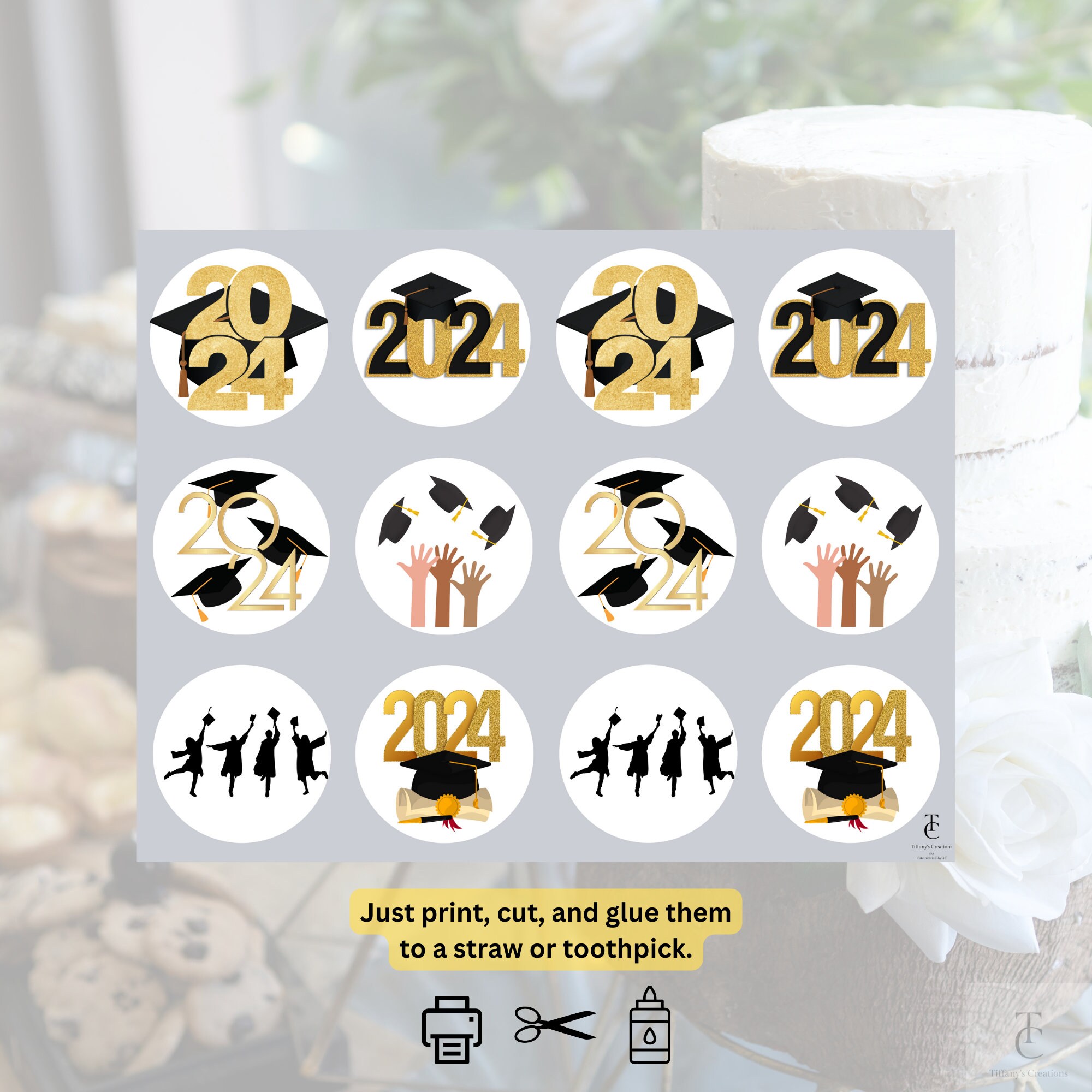 Black & Gold Graduation 2024 Instant Download Digital Cupcake Toppers ...