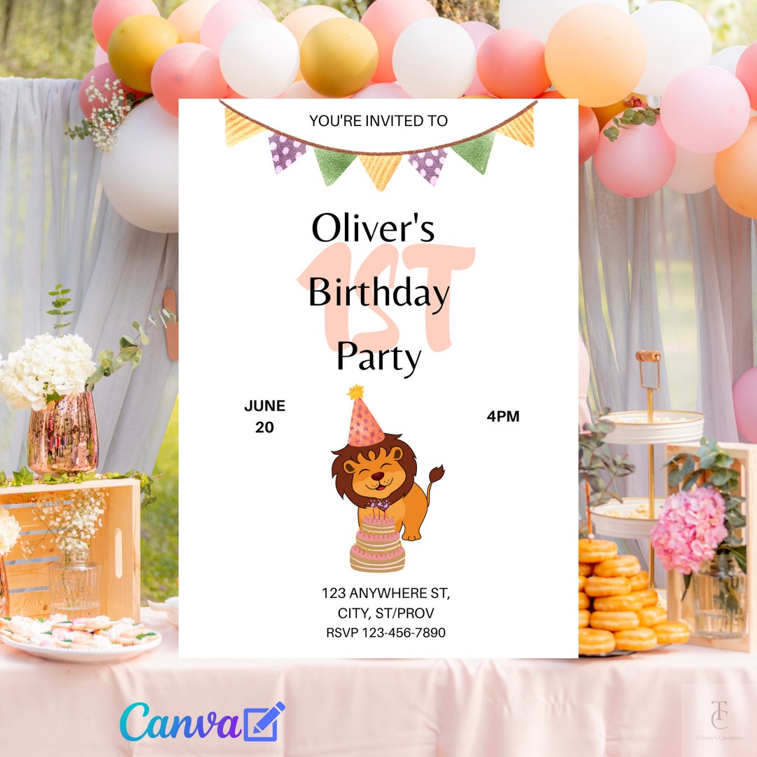 Cute Lion Birthday Party Instant Download Digital Invitation Editable W ...