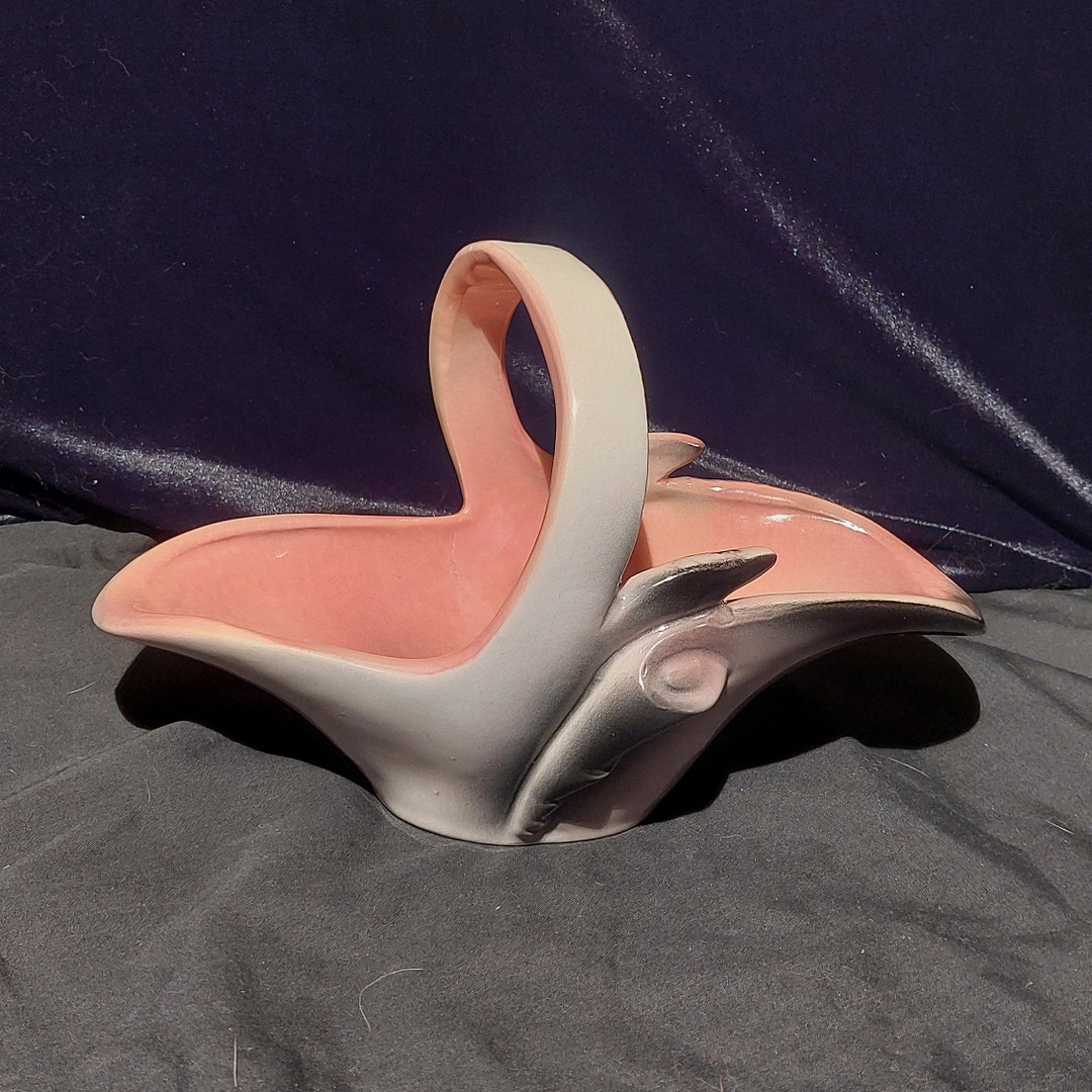 Vintage Hull Pottery Basket – Pink & Charcoal Scroll, 1950s Novelty ...