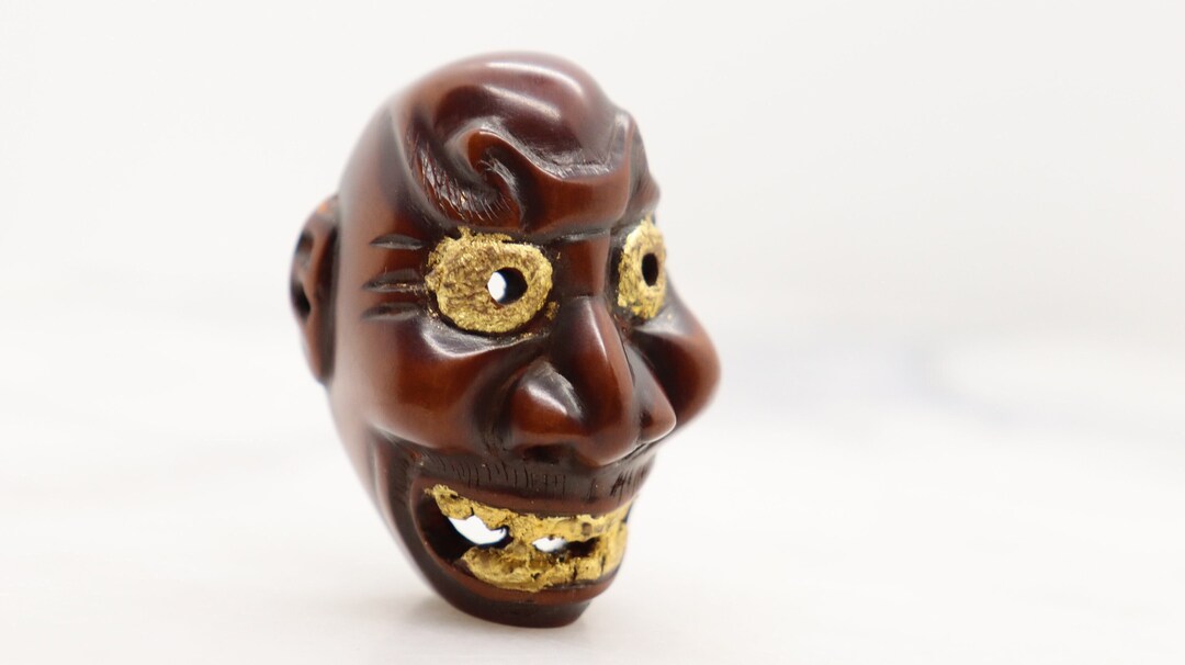 Contemporary Boxwood Netsuke shikami Noh Mask With 24k Gold Gilt Eyes ...