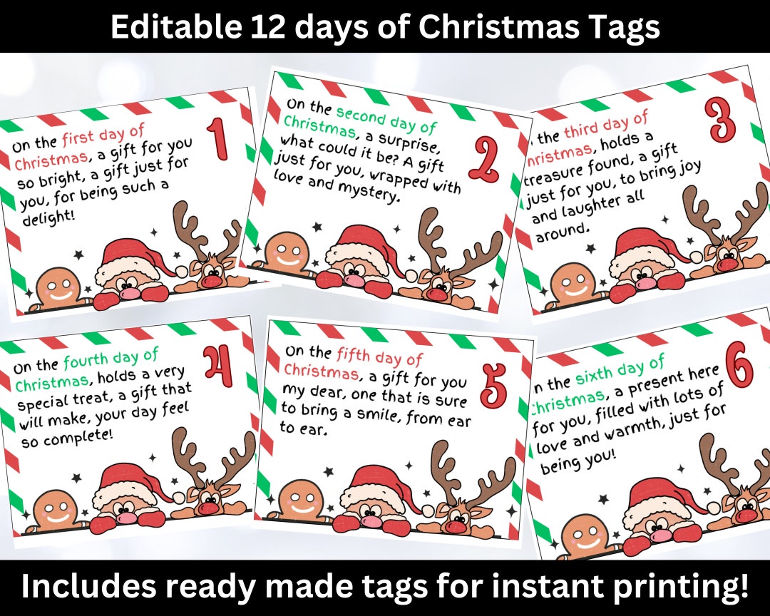 Editable 12 Days of Christmas Gift Tags, Printable Gift Tags for ...