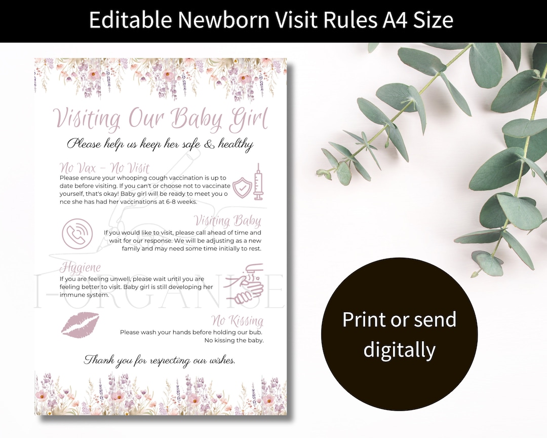 Editable Newborn Rules for Visiting Our Baby Girl, New Baby Rules A4 ...