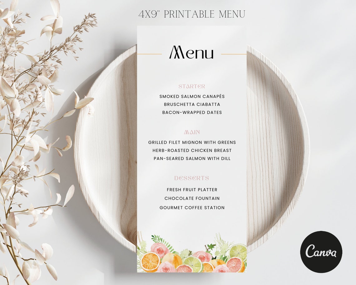 Printable Menu Template Double Sided or Single Sided 4x9'', Editable ...