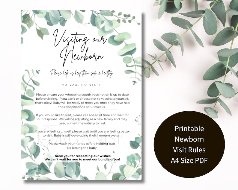 Newborn Rules for Visiting Baby, New Baby Rules A4 Printable, No Vax No ...