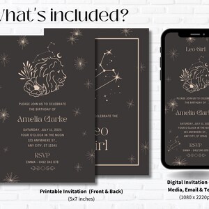 Leo Birthday Invitation 5x7'', Zodiac Party Printable, Leo the Lion ...