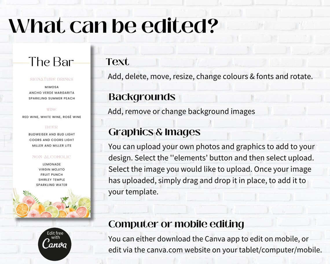 Printable Menu Template Double Sided or Single Sided 4x9'', Editable ...