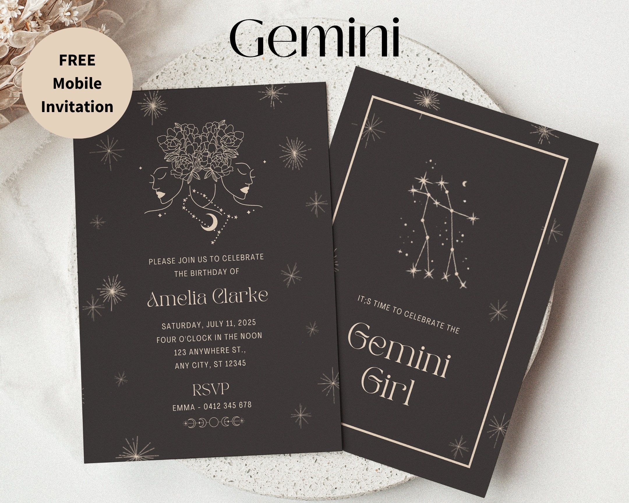 Gemini Birthday Invitation 5x7'', Zodiac Sign Printable Invitation ...