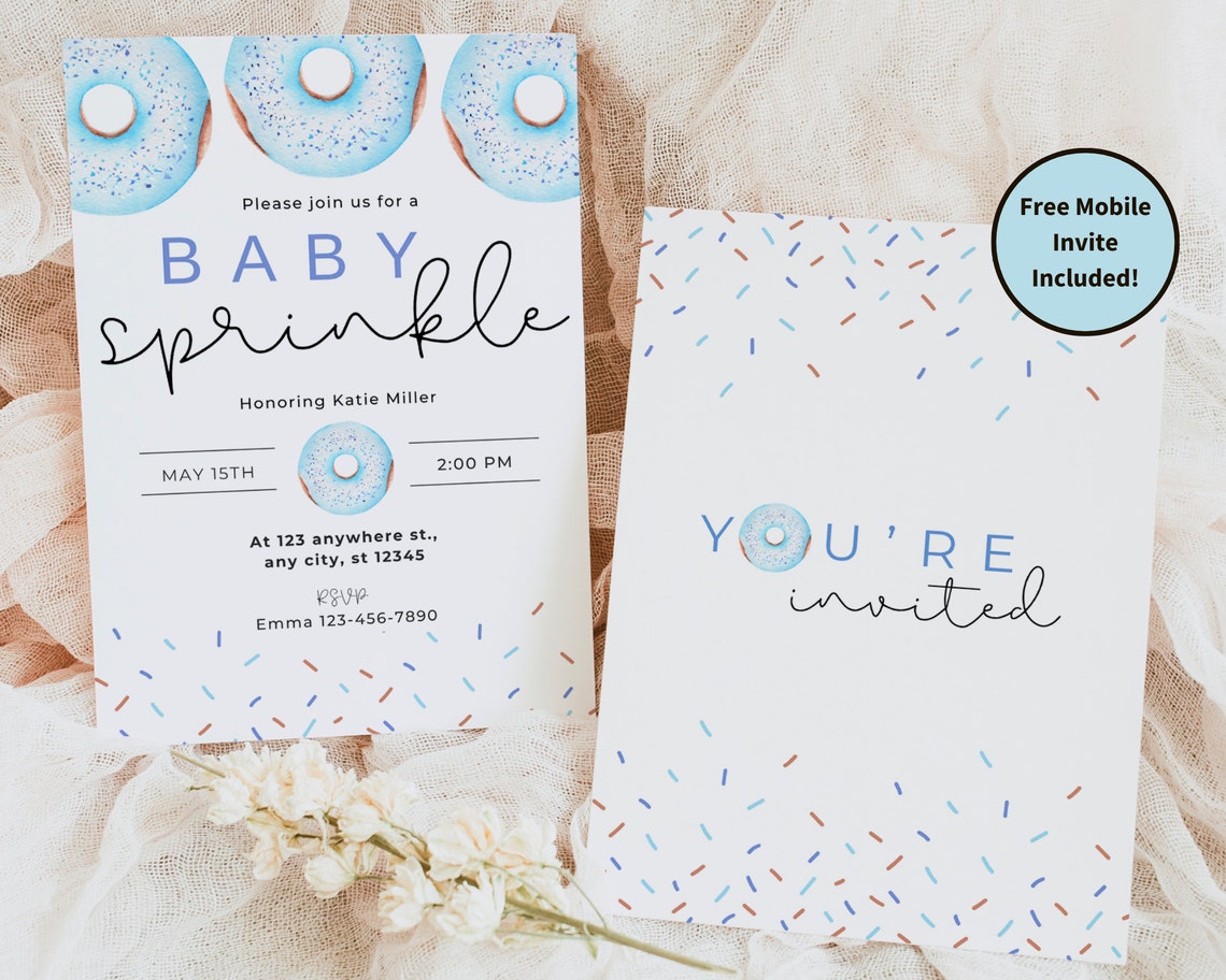Blue Donut Baby Sprinkle Invitation 5x7'' & Digital, Donut Boy Baby ...